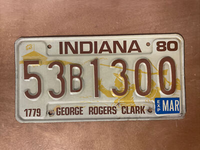 1980 Indiana License Plate George Rogers Clark # 53 B 1300 Monroe ...
