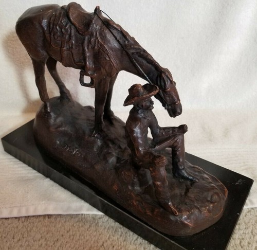 RARE - Cowboy Resting with Horse Bronze Sculpture Signed 14"x6"x19.5 ...