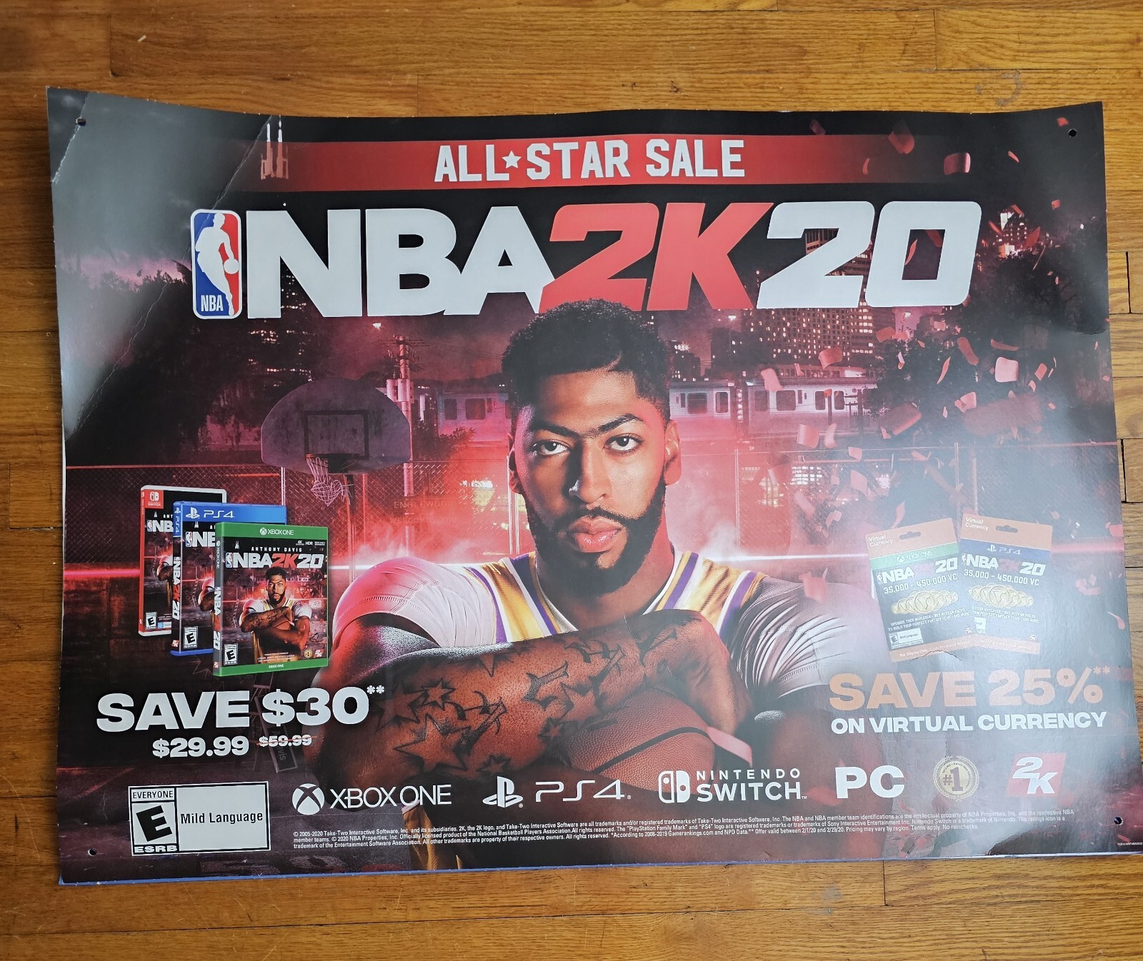 NBA 2K20 Anthony Davis Gamestop Promo Store Display Wall Poster 36" X ...