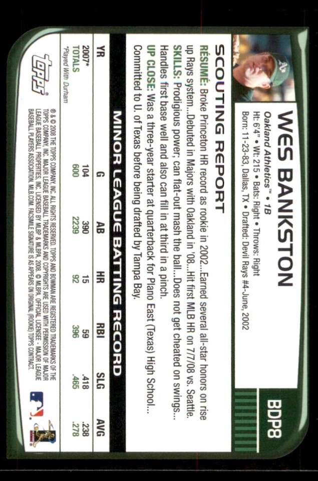 2008 BOWMAN DRAFT PICKS & PROSPECTS WES BANKSTON RC OAKLAND ATHLETICS # ...