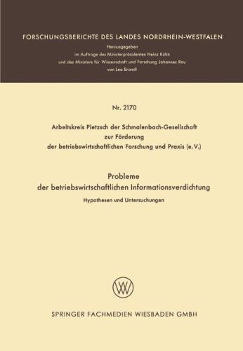 Forschungsberichte Des Landes Nordrhein-Westfalen Ser.: Probleme der ...
