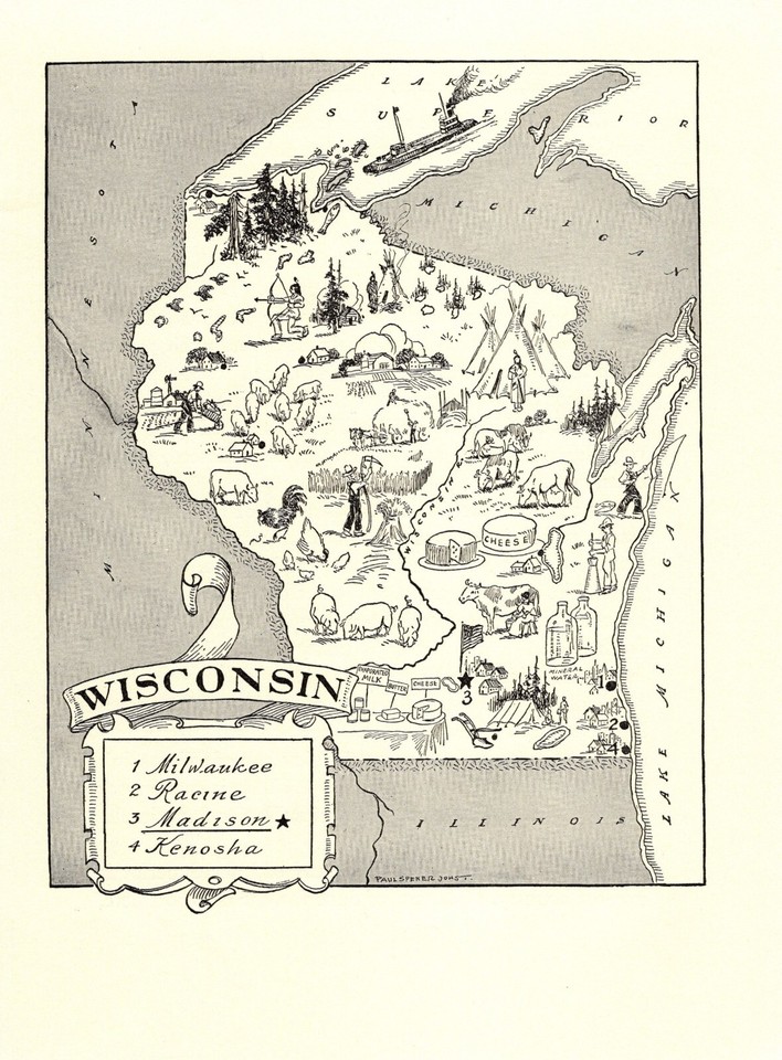 1950s Vintage Wisconsin State Map Animated Wisconsin Picture Map Decor ...
