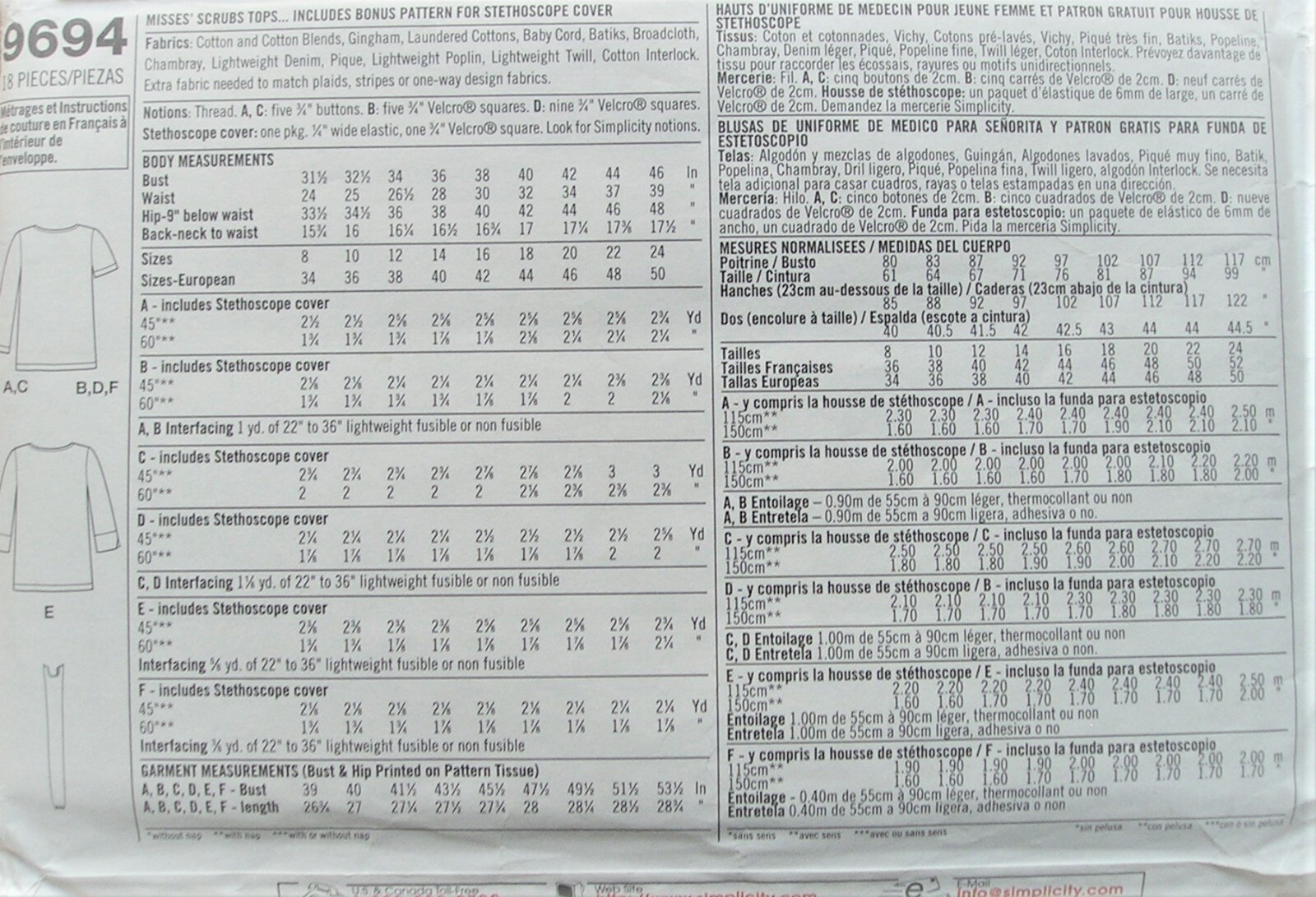 Simplicity Pattern 9694 Size U5 16-24 Misses Scrubs Uniform Tops for ...