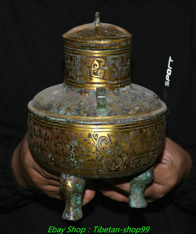 9.4"Old Dynasty Bronze Ware Gilt Inscription 3 Leg Pot Incense Burner ...