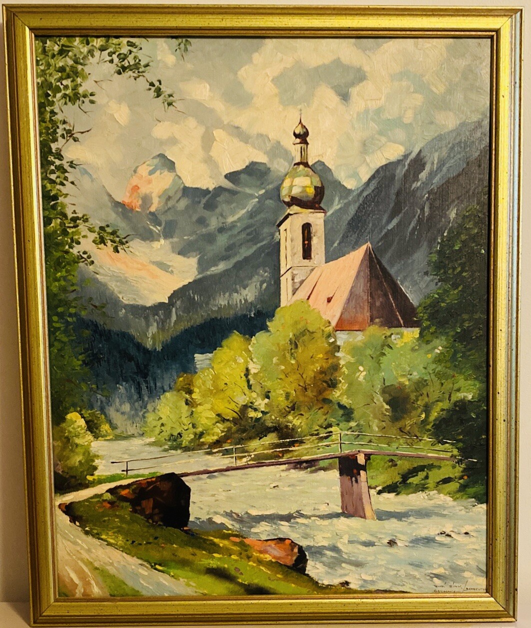 VINTAGE ORIGINAL OIL ON BOARD RAMSAU ALPINE CHURCH w RIVER PAINTING ...