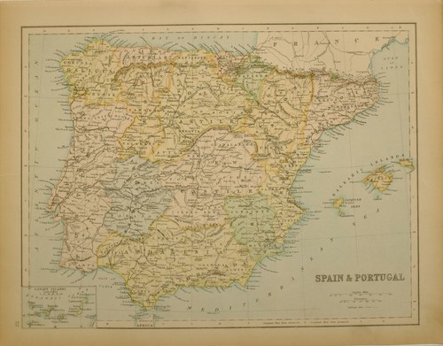 1897 ANTIQUE MAP SPAIN & PORTUGAL ANDALUSIA GRANADA NEW CASTILE GALICIA ...