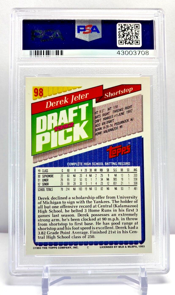 1993 Topps Derek Jeter "1992 Draft Pick" New York Yankees No. 98 PSA 9 ...