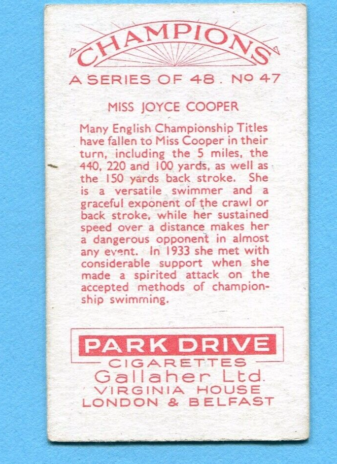 1934 Gallaher Ltd. Cigarettes Champions Tobacco Card #47 Joyce Cooper ...