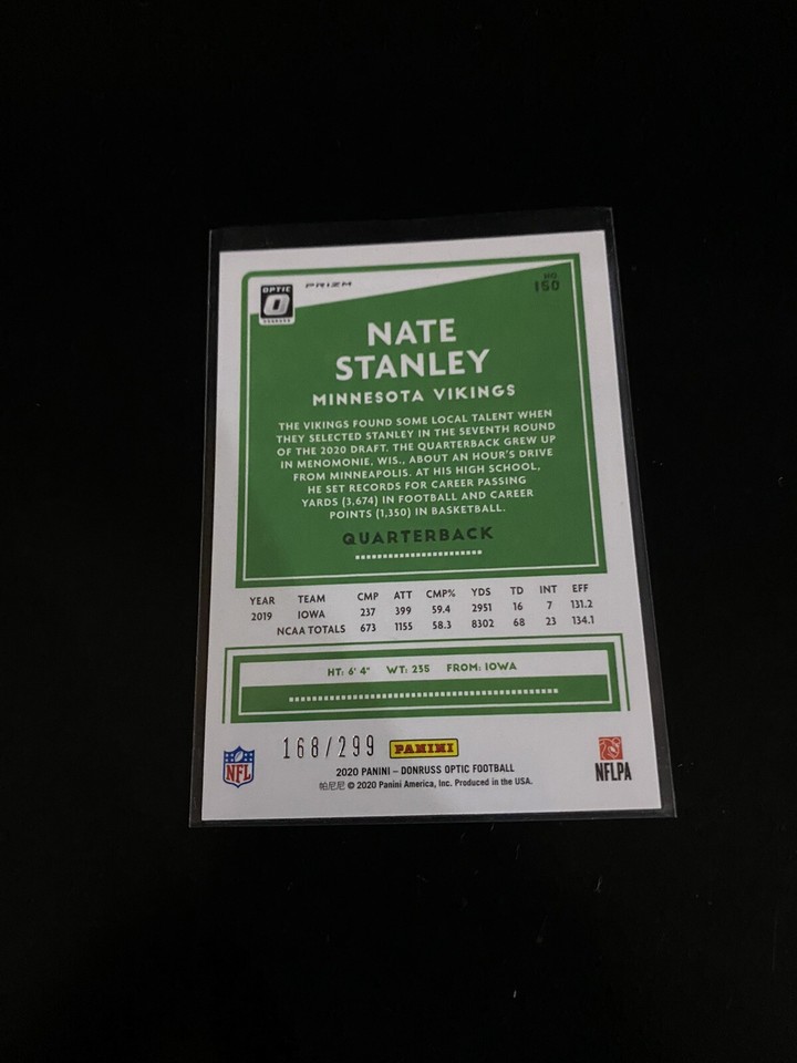 Nate Stanley 2020 Optic Aqua Prizm /299 RC football card Vikings 150 ...