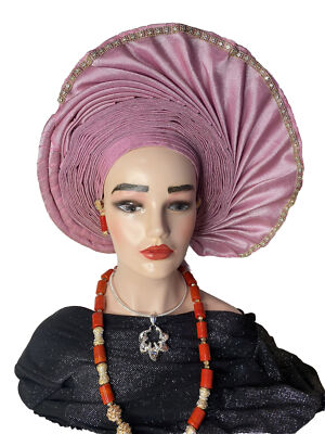Autogele Aso-Oke African Headtie Auto Gele, Ready Made Gele, Pink | eBay