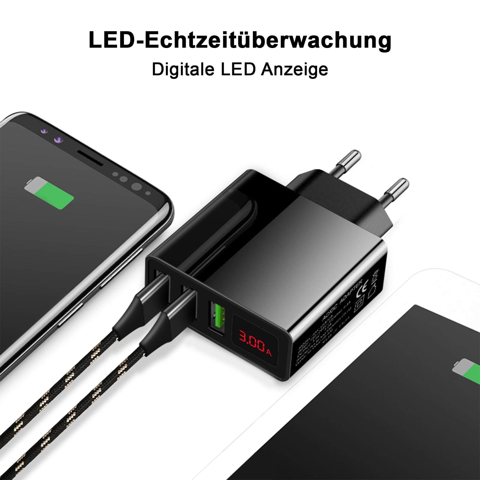 2x Mehrfach USB-Netzteil mit 2x 3in1 Ladekabel USB-C iPhone Micro-USB ...