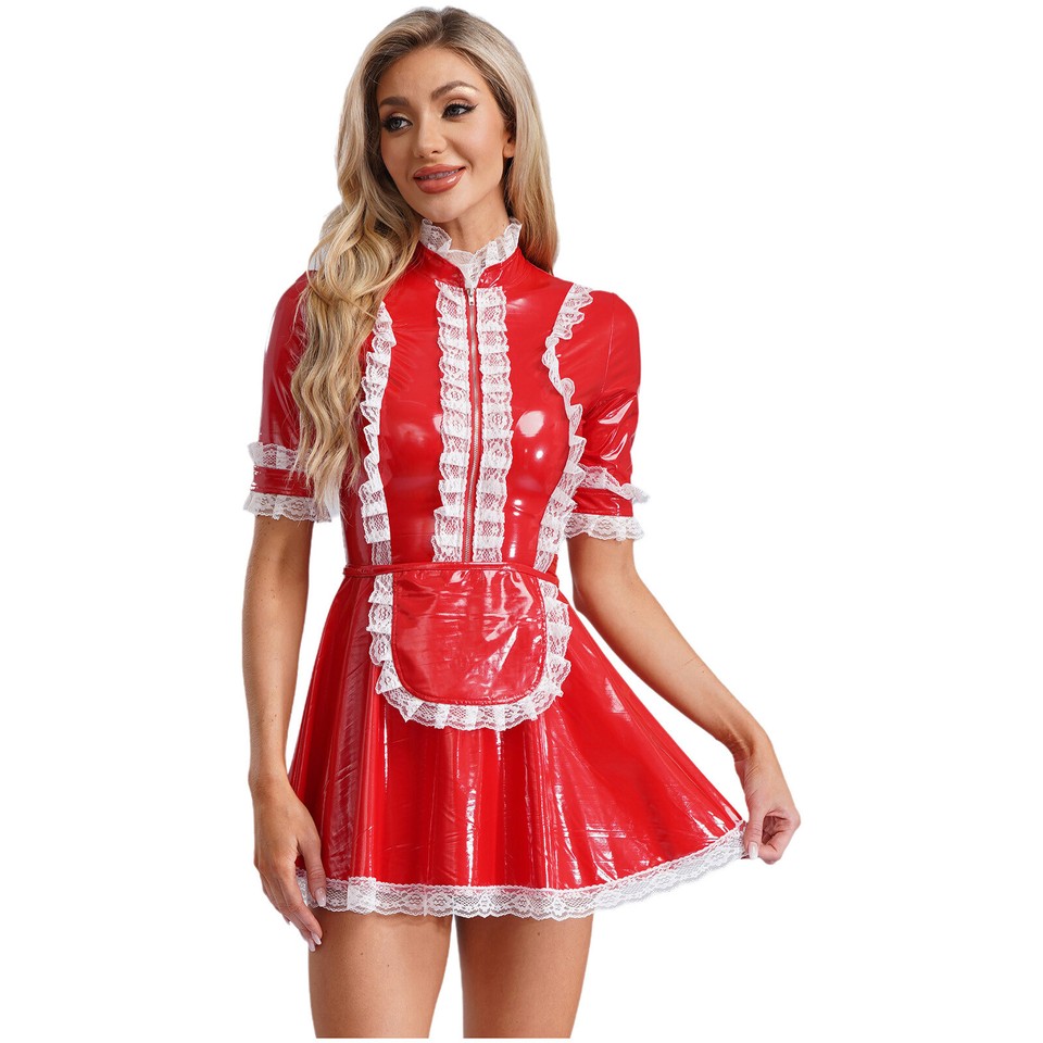 Women's PVC Leather French Maid Mini Bodycon Tutu Dress Cosplay Costume ...