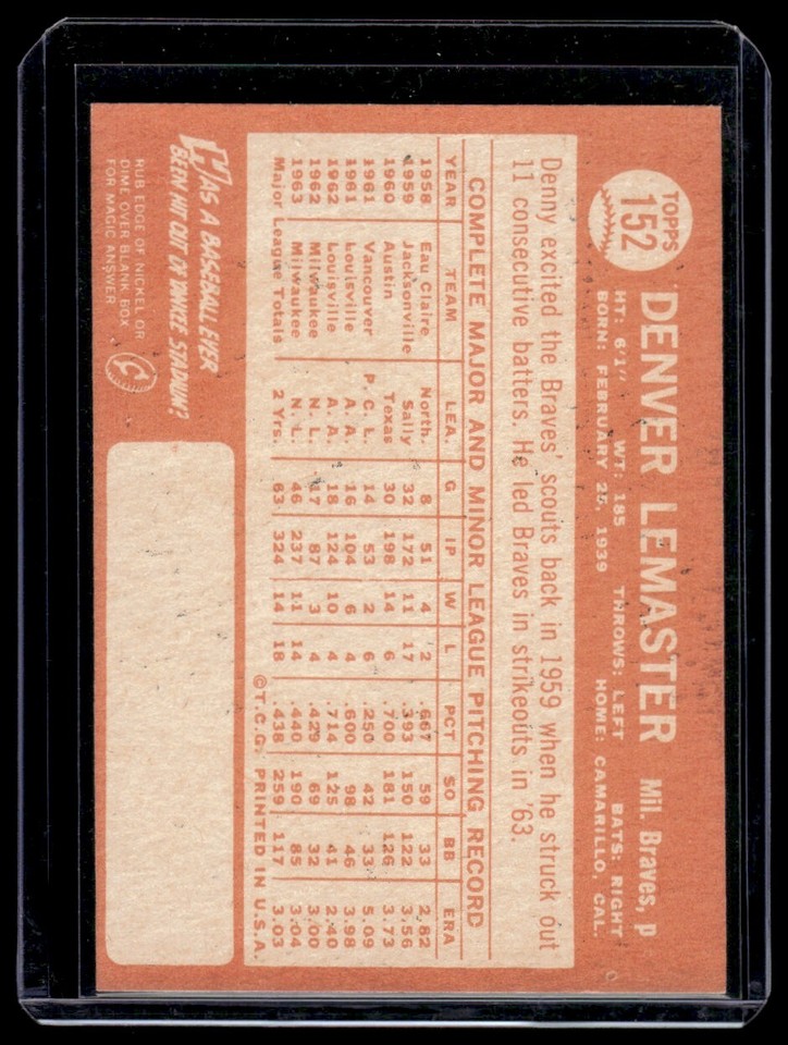 1964 Topps Denver Lemaster Milwaukee Braves #152 | eBay