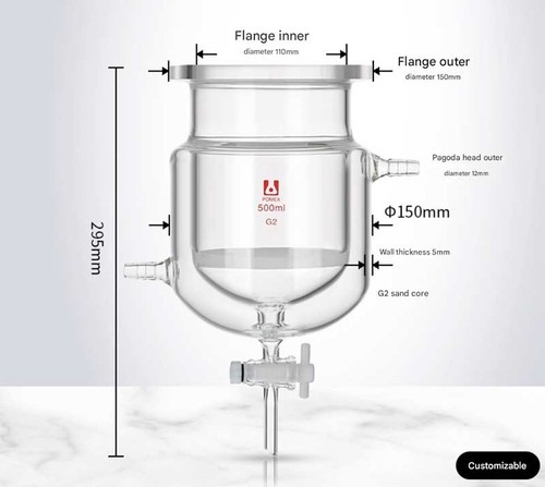 500ml Double-Layer Reaction Flask with G2 Sand Core Filter Glass ...