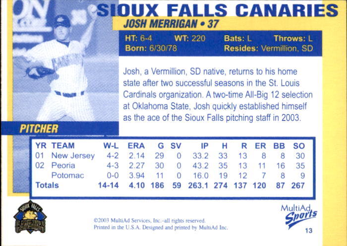 2003 Sioux Falls Canaries Multi-Ad 13 Josh Merrigan Vermillion South ...