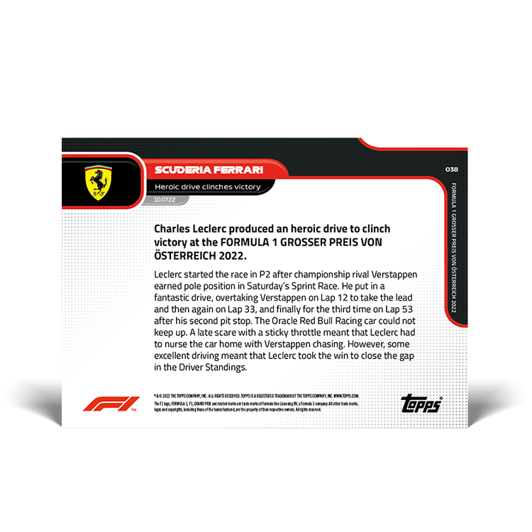 Charles Leclerc Ferrari 2022 Topps Now Formula 1 F1 Card 38 Heroic ...
