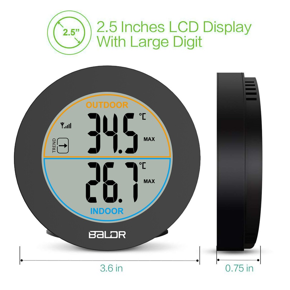 BALDR Wireless LCD Indoor Outdoor Thermometer Hygrometer Monitor Max ...