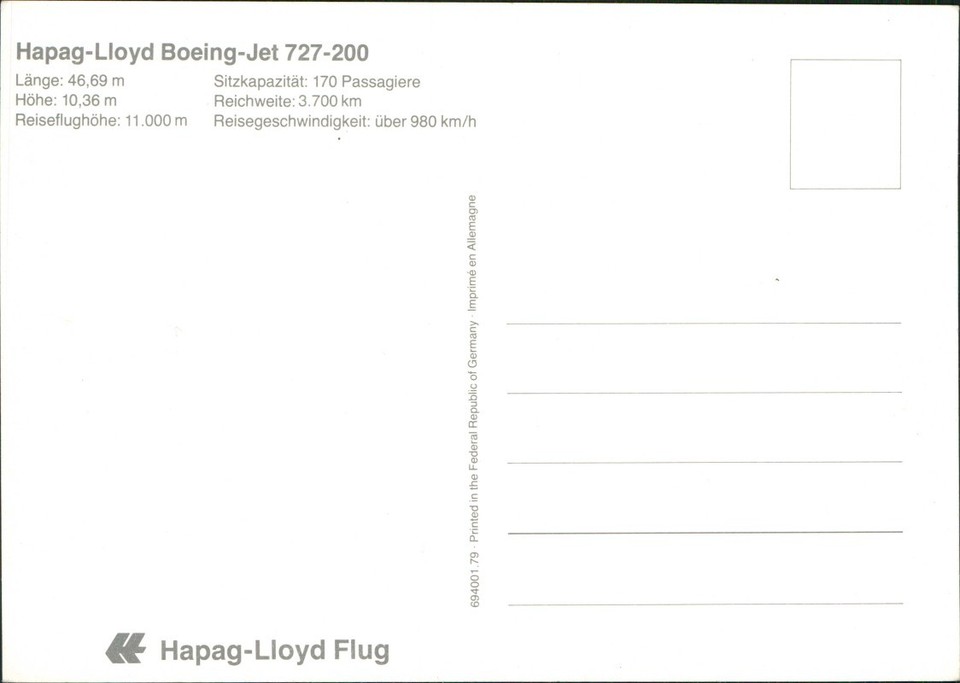 Ansichtskarte Flugzeug Airplane Avion Hapag-Lloyd Boeing-Jet 727-200 ...
