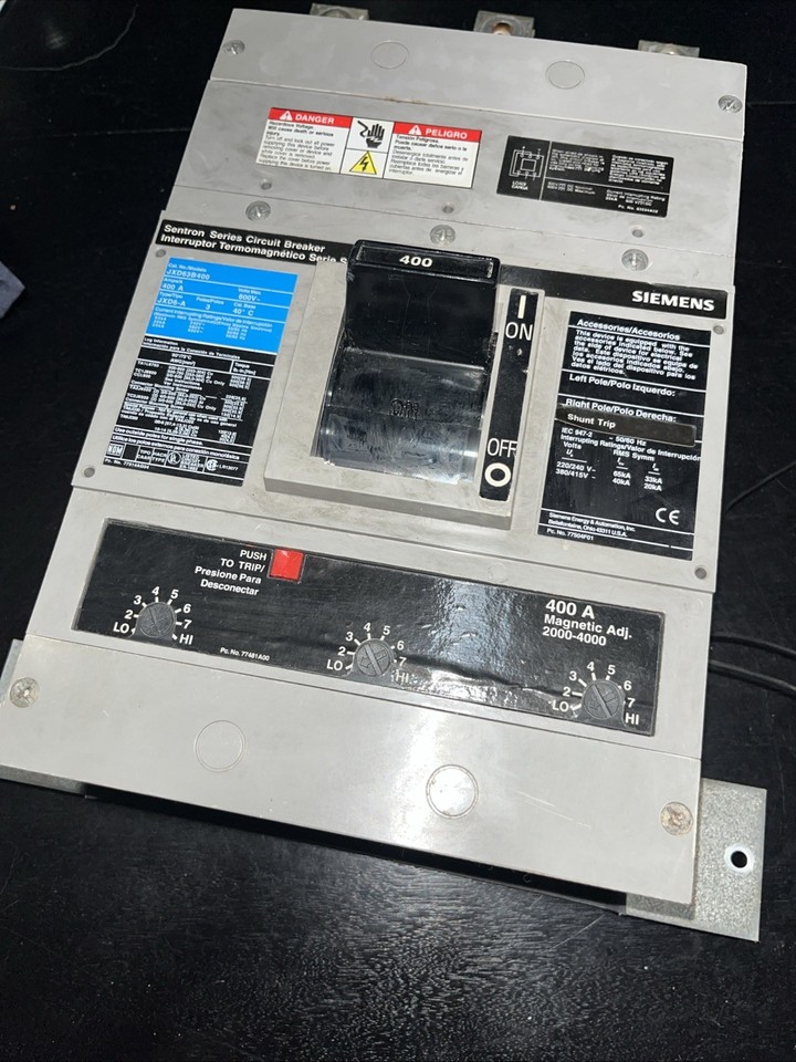 Siemens JXD63B400 400 Amp 600V 3 Pole S01JLD6 Shunt Trip Circuit ...