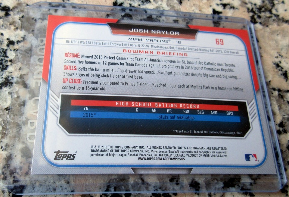 JOSH NAYLOR 2015 Bowman #1 Draft Pick 1st TRUE Rookie Card RC Mariners🔥 ...