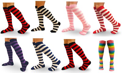 Girls Striped Knee Socks Dancing Fancy Dress Party Rainbow Red Black ...