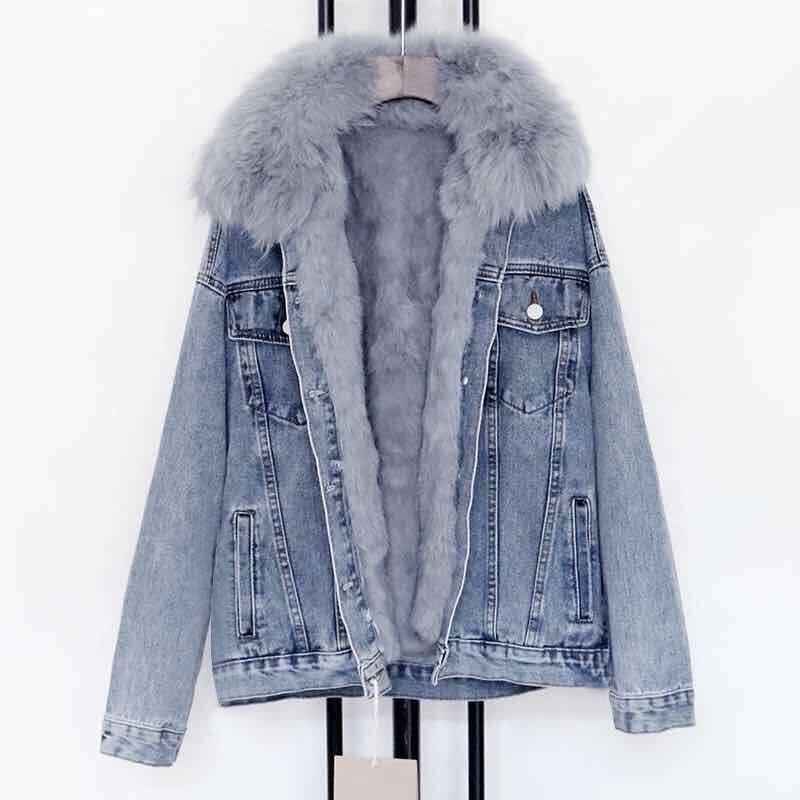 Lady Faux Fur Lined Denim Jacket Warm Coat Thick Fluffy Furry Collar ...