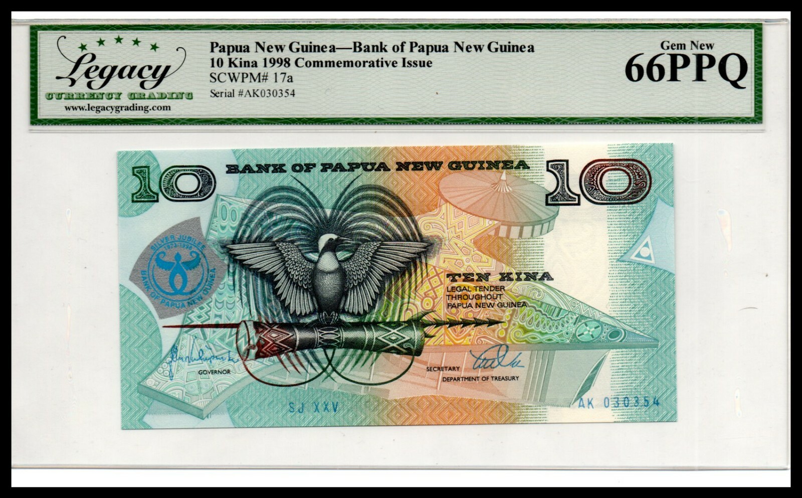 Papua New Guinea UNC Note 10 Kina 1998 P-17a Legacy 66 PPQ Gem New (Gem ...