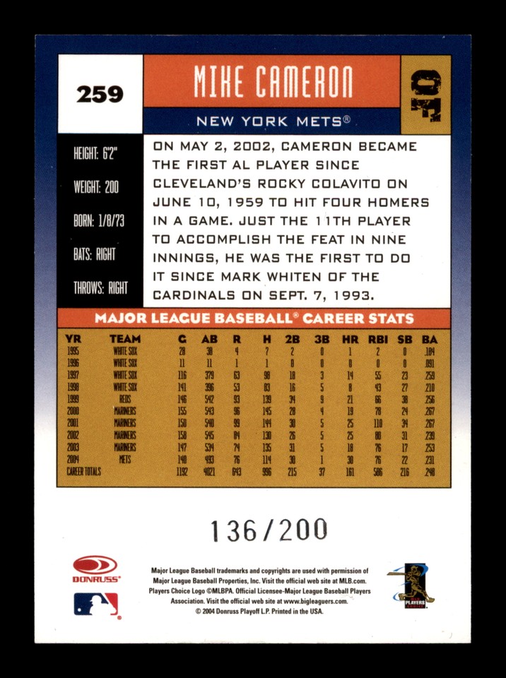 2005 Donruss Press Proofs Red #259 Mike Cameron SN,200 New York Mets | eBay
