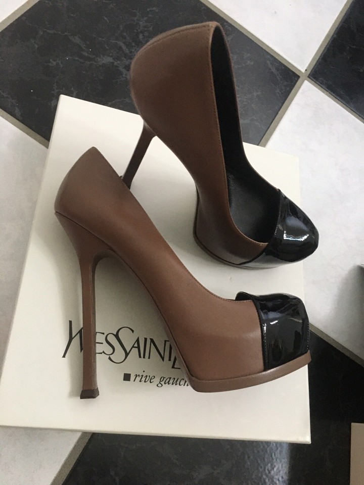 NIB 100% AUTH YSL Saint Laurent Black Patent Leather Cap Toe Pumps Sz ...
