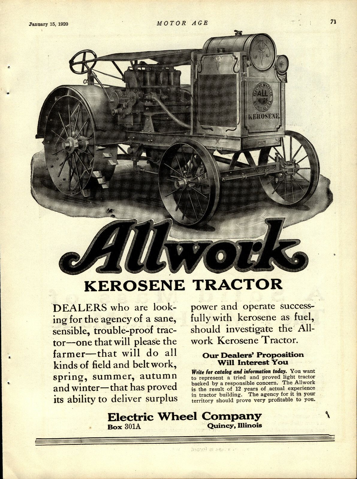 1920 Allwork Kerosene Tractors Advertisement: Electric Wheel Co Quincy ...