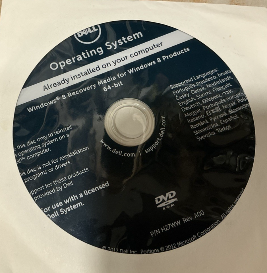DELL Operating System DVD Rom Windows 8 Recovery Media-Factory Sealed ...