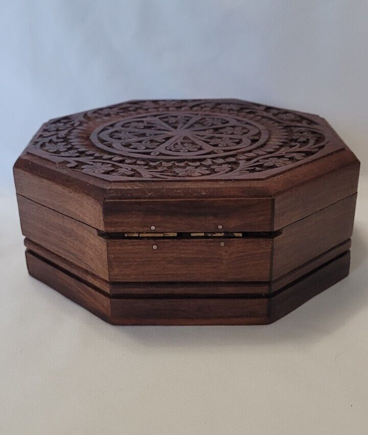 VTG Hinged Octagonal Wood Trinket Jewelry Box with Hand Carving | eBay