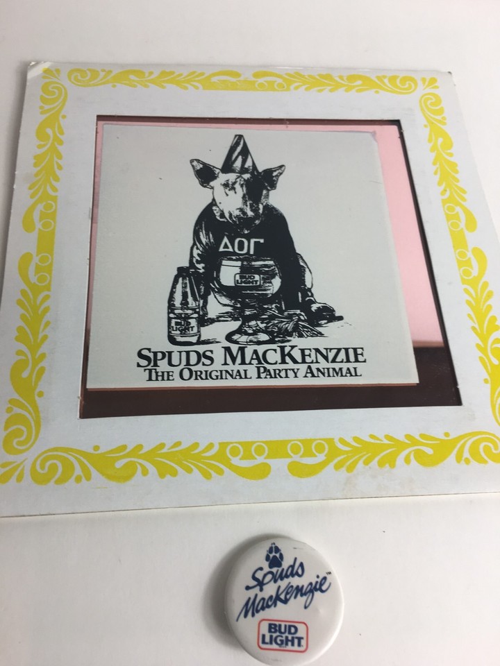 SPUDS MACKENZIE Carnival Glass Mirror + Paws pinback 1980s Bud Light ...