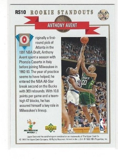 1992-93 UPPER DECK BASKETBALL ROOKIE STANDOUTS ANTHONY AVENT #RS10 ...
