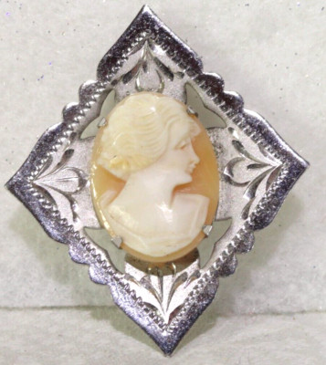 VTG AMAZING STERLING SILVER SHELL LADIES BUST CAMEO BROOCH PIN DIAMOND ...