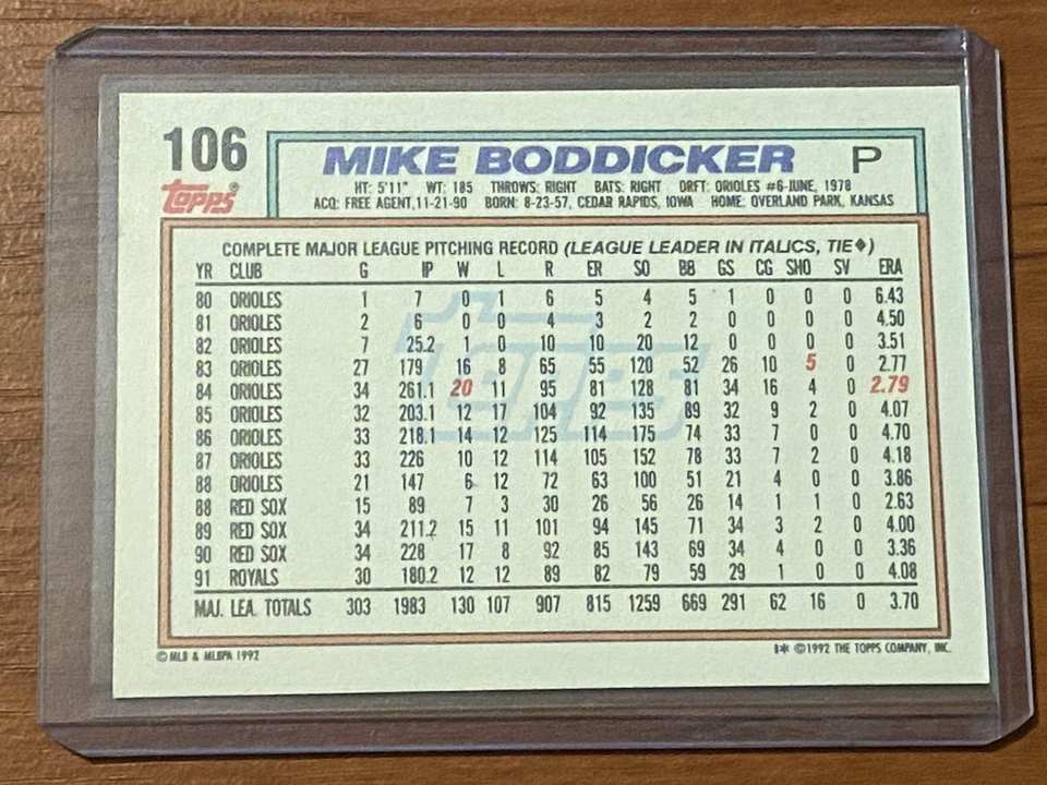 1992 Topps Baseball Card Mike Boddicker Kansas City Royals #106 | eBay