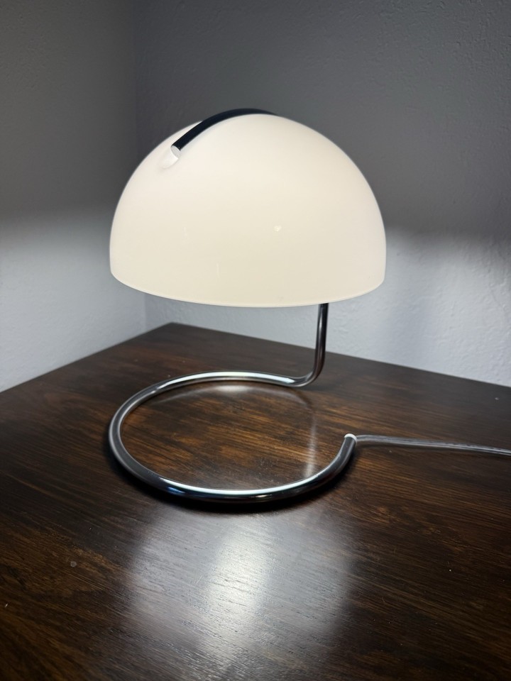 Bauhaus Retro MCM Dome Table Lamp Chrome & Milk Glass Shade w/ LED Warm ...