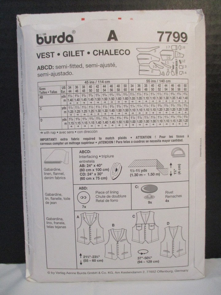 Burda Pattern 7799 Men's Sizes 34"-50" Semi-Fitted Vests Collar ...