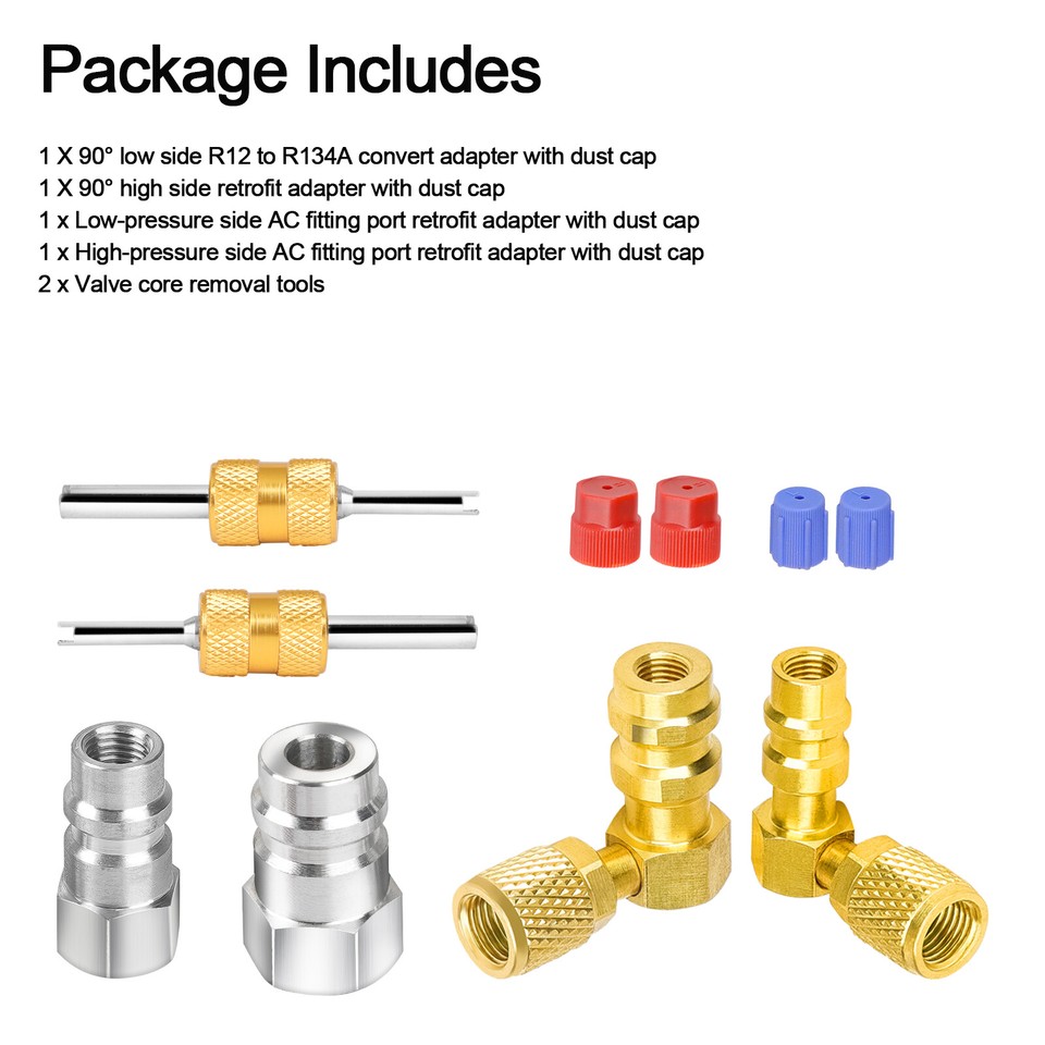 R12 to R134A Adapter Kit Quick Couplers 90° High/Low Side Conversion ...