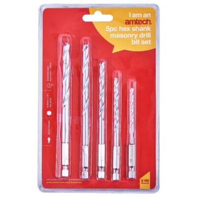 AMTECH 5pc Hex Shank Masonry Drill Bit Set 4 5 6 8 10mm for Stone Brick ...