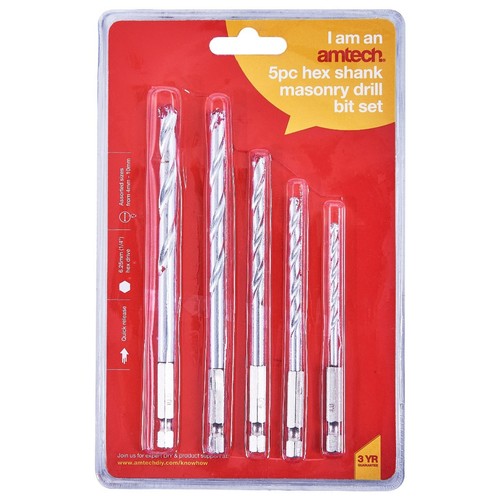 AMTECH 5pc Hex Shank Masonry Drill Bit Set 4 5 6 8 10mm for Stone Brick ...