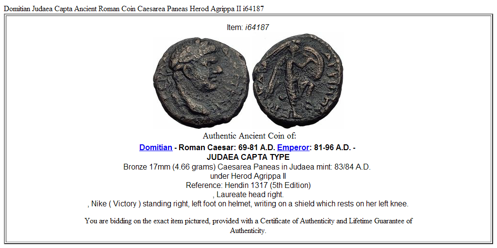 Domitian Judaea Capta Ancient Roman Coin Caesarea Paneas Herod Agrippa ...