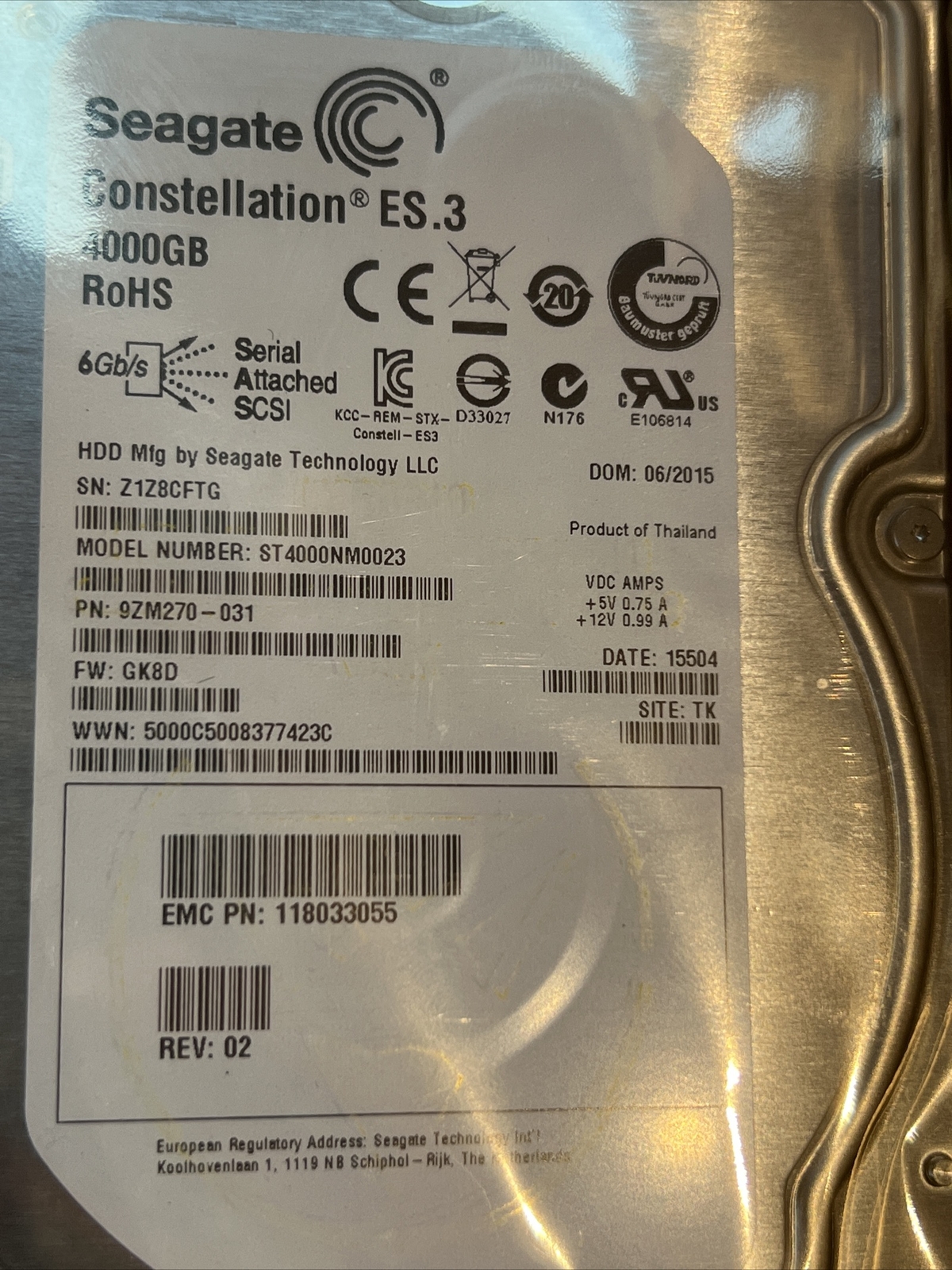 EMC 005050148 4tb 7.2k SAS HDD Seagate 9zm270-031 Constellation Es3 ...