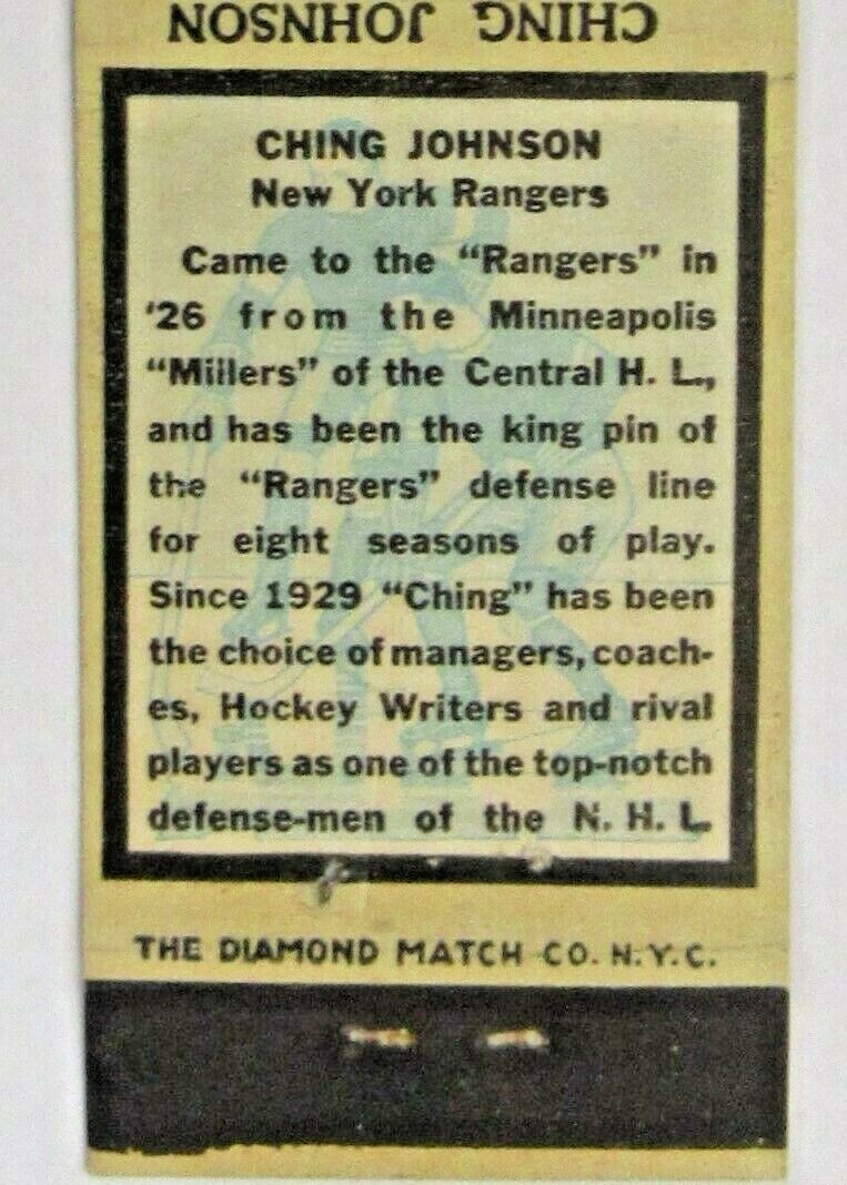 1935/36 CHING JOHNSON Diamond Tan TYPE 1 Matchbook cover HOCKEY high ...