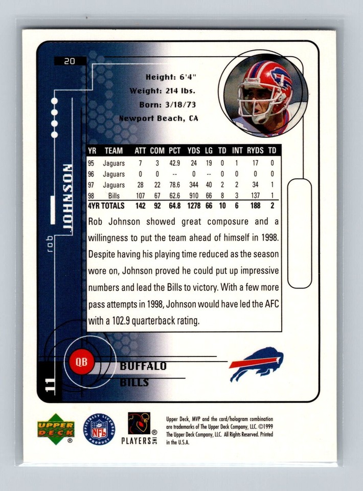 1999 Upper Deck MVP #20 Rob Johnson Buffalo Bills Football Card | eBay