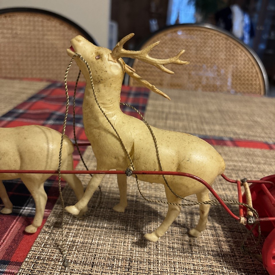 Antique Celluloid Santa Claus Sleigh 2 Reindeer Reins Christmas Toy | eBay