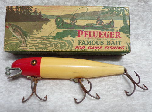 PFLUEGER FAMOUS BAIT FISH LURE 4-1/4" NO. 5096 WHITE RED TACKLE GLASS ...
