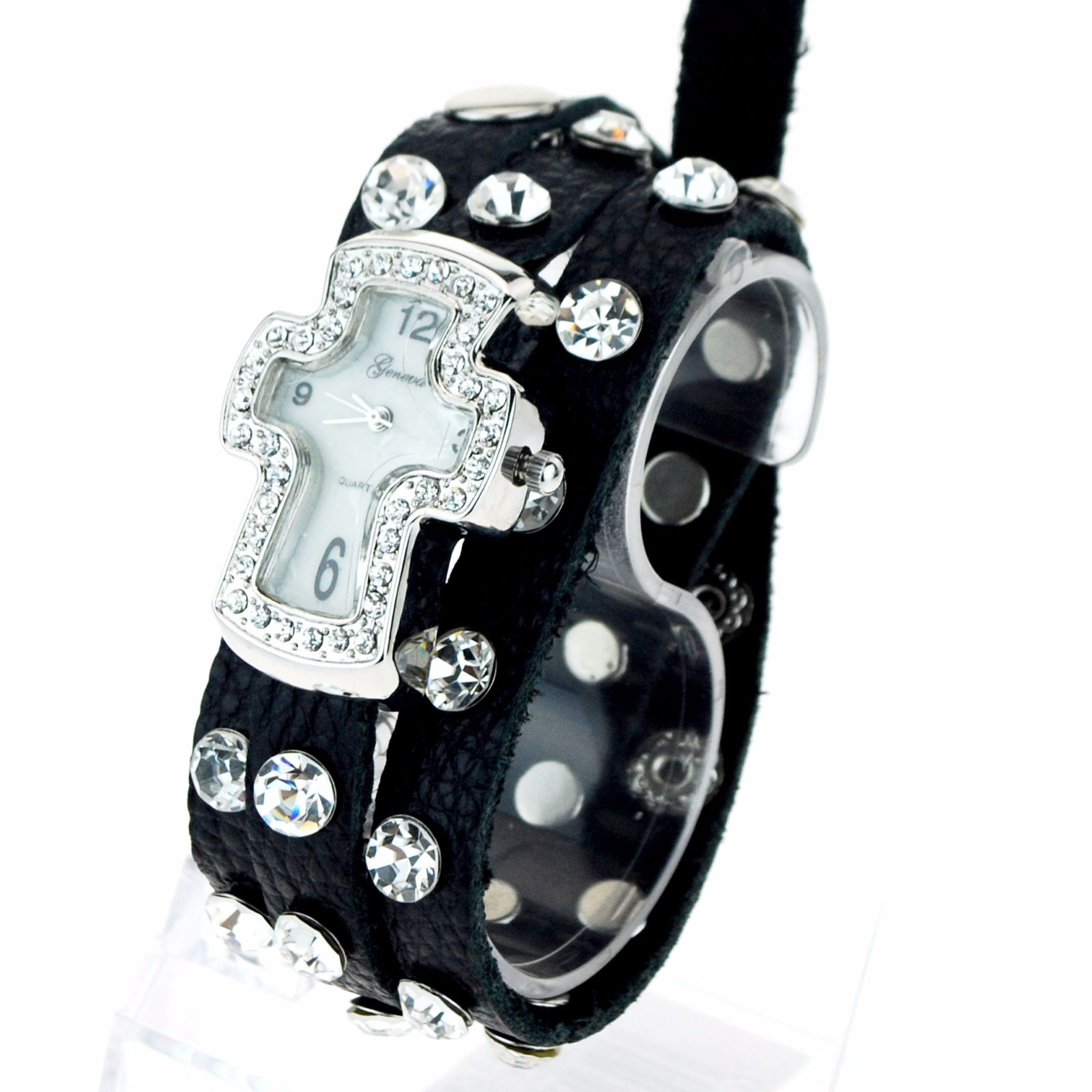 Geneva Leather Bracelet Cross Shape Watch with Large Rhinestones | eBay