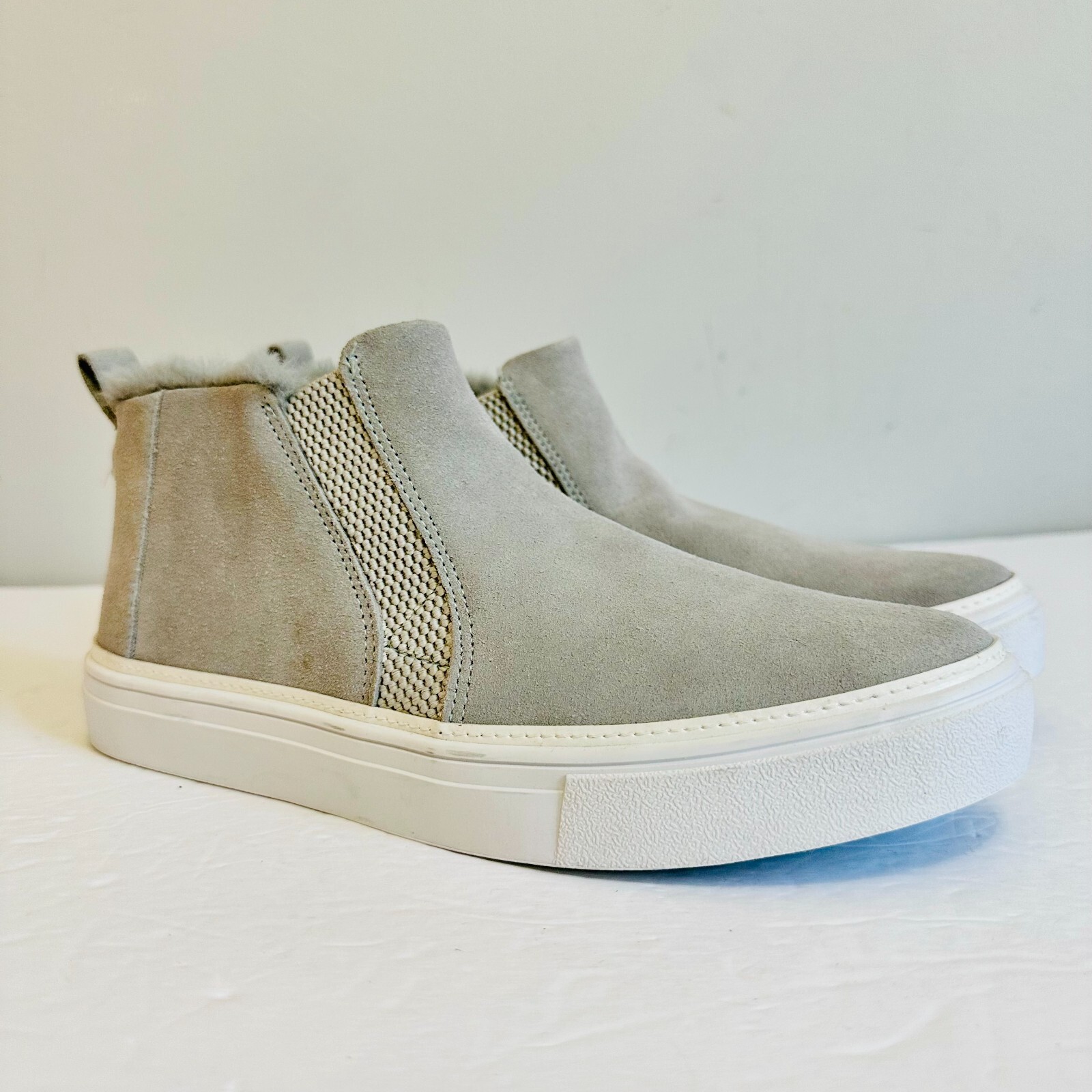 TOMS BRYCE MID GRAY SUEDE FAUX FUR ORTHOLITE SLIP ON ANKLE BOOTS ...