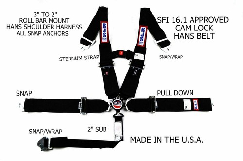 RJS RACING SFI 16.1 5PT HANS CAM LOCK ROLL BAR MOUNT SNAP IN BELT BLACK ...